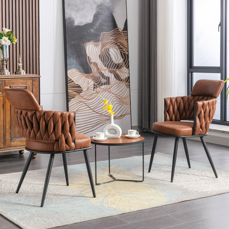Mid Century Modern Dining Chair Woven Upholstered Dining Chairs with Metal Legs for Dining Room Kitchen Living Room Set of 2 George Oliver
